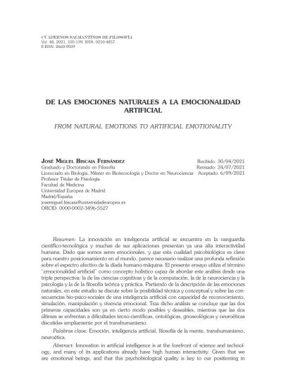 De Las Emociones Naturales a La Emocionalidad Artificial - Upsa