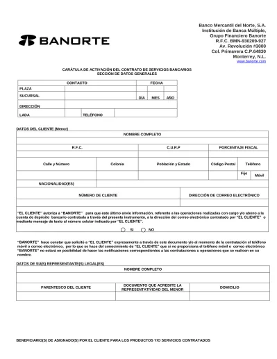 CARÁTULA DE ACTIVACIÓN DEL CONTRATO DE SERVICIOS BANCARIOS SECCIÓN DE ...