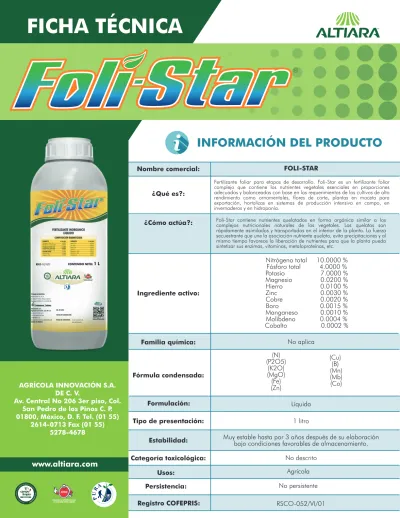 FICHA TÉCNICA INFORMACIÓN DEL PRODUCTO. FOLI-STAR. Nombre comercial ...