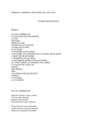 HEREDIA Y HEREDIA, JOSÉ MARÍA DE ( ) POEMAS DESCRIPTIVOS ÍNDICE: