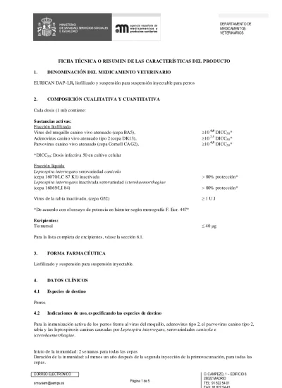 FICHA TÉCNICA O RES UMEN DE LAS CARACTERÍS TICAS DEL PRODUCTO. EURICAN ...