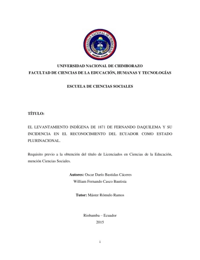 EL LEVANTAMIENTO INDÍGENA DE 1871 DE FERNANDO DAQUILEMA Y SU INCIDENCIA ...