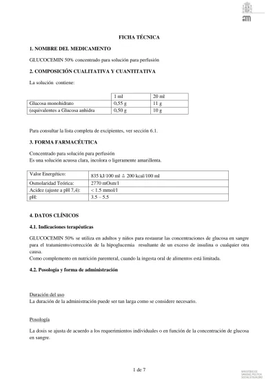 FICHA TÉCNICA 1. NOMBRE DEL MEDICAMENTO. GLUCOCEMIN 50% concentrado ...