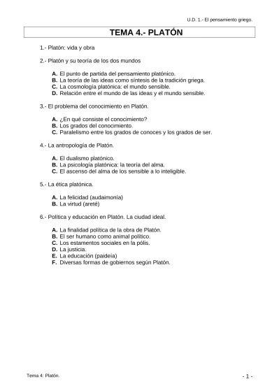 TEMA 4.- PLATÓN. A. En qué consiste el conocimiento? B. Los grados del ...