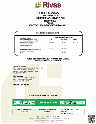 HOJA TÉCNICA USO AGRICOLA MUSTANG MAX 0.5% INSECTICIDA POLVO REGISTRO ...