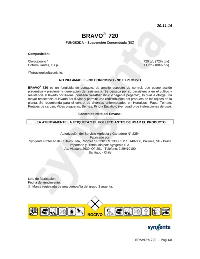 BRAVO 720. FUNGICIDA Suspensión Concentrada (SC) NO INFLAMABLE - NO ...
