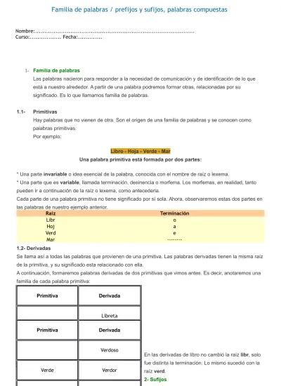 Familia de palabras / prefijos y sufijos, palabras compuestas