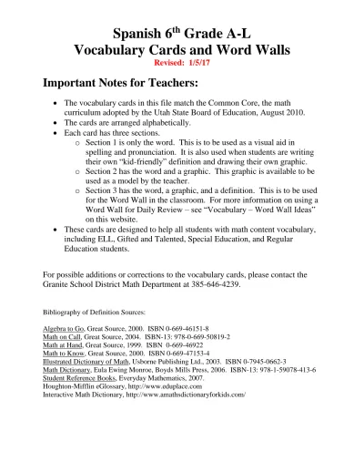 Spanish 6 th Grade A-L Vocabulary Cards and Word Walls Revised: 1/5/17