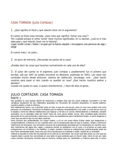 LIO CORTÁZAR: CASA TOMADA ACTIVIDADES DE PRELECTURA CASA TOMADA (Julio ...