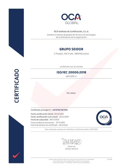 CERTIFICADO GRUPO SEIDOR ISO/IEC 20000:2018. conforme con la norma ...