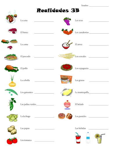 Realidades 3B. Las uvas. La cena. El bistec. Las zanahorias. La carne ...
