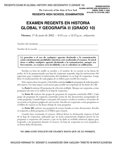 EXAMEN REGENTS EN HISTORIA GLOBAL Y GEOGRAFÍA II (GRADO 10)