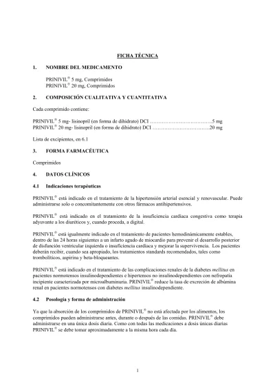 FICHA TÉCNICA 1. NOMBRE DEL MEDICAMENTO. PRINIVIL 5 mg, Comprimidos ...