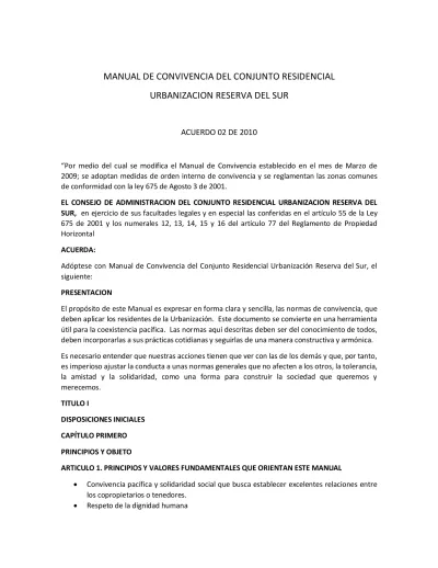 MANUAL DE CONVIVENCIA DEL CONJUNTO RESIDENCIAL URBANIZACION RESERVA DEL SUR
