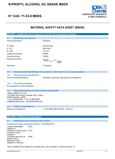 N-PROPYL ALCOHOL GC GRADE MSDS N CAS: MSDS MATERIAL SAFETY DATA SHEET ...