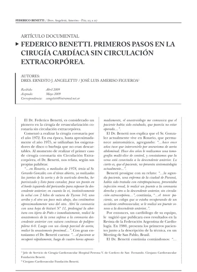 FEDERICO BENETTI. PRIMEROS PASOS EN LA CIRUGÍA CARDÍACA SIN CIRCULACIÓN ...