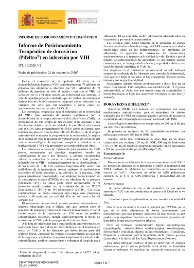 Informe de Posicionamiento Terapéutico de doravirina (Pifeltro
