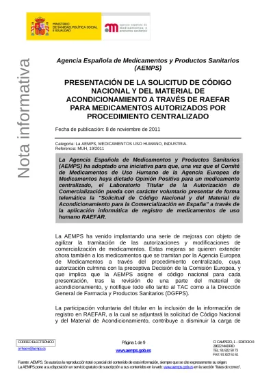 PRESENTACIÓN DE LA SOLICITUD DE CÓDIGO NACIONAL Y DEL MATERIAL DE ...