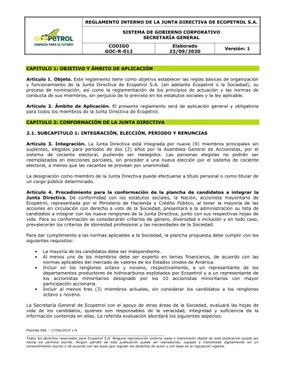 REGLAMENTO INTERNO DE LA JUNTA DIRECTIVA DE ECOPETROL S.A. SISTEMA DE ...