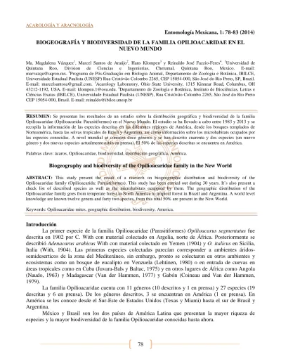 ACAROLOGÍA Y ARACNOLOGÍA Entomología Mexicana, 1: (2014) BIOGEOGRAFÍA Y ...