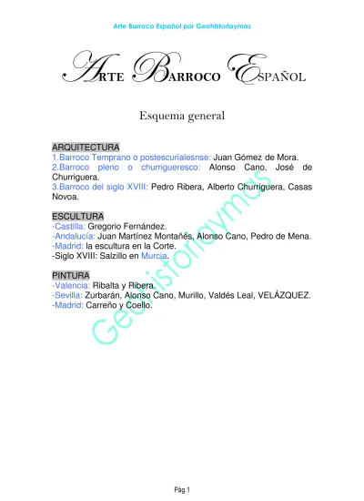 Arte Barroco Español por Geohistoriaymas. Esquema general
