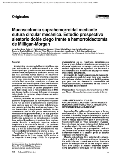 Mucosectomía suprahemorroidal mediante sutura circular mecánica ...