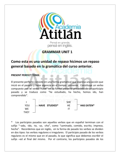 GRAMMAR UNIT 1. Como esta es una unidad de repaso hicimos un repaso ...
