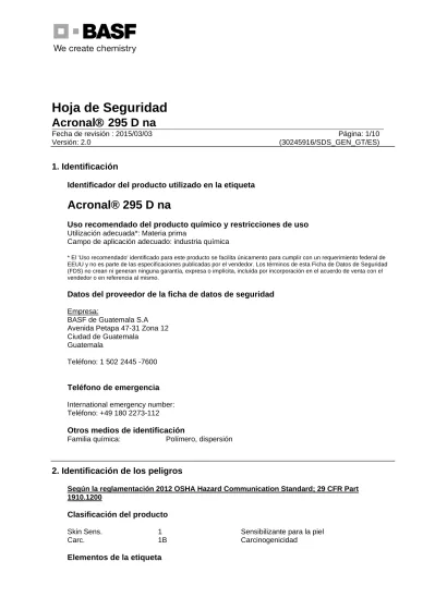 Hoja de Seguridad Acronal 295 D na Fecha de revisión : 2015/03/03 ...
