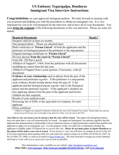 US Embassy Tegucigalpa, Honduras Immigrant Visa Interview Instructions