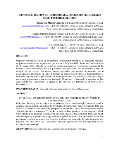ISTMOCELE: TÉCNICA DE HISTERORRAFIA EN CESÁREA SEGMENTARIA COMO FACTOR ...