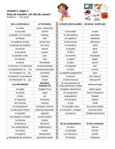 Unidad 2, etapa 1 Guía de estudio: Un día de clases! Español mo grado