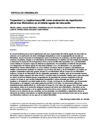 Troponina I y creatincinasa-mb como evaluación de reperfusión eficaz ...