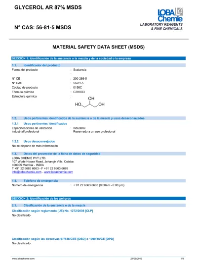 GLYCEROL AR 87% MSDS N CAS: MSDS MATERIAL SAFETY DATA SHEET (MSDS)