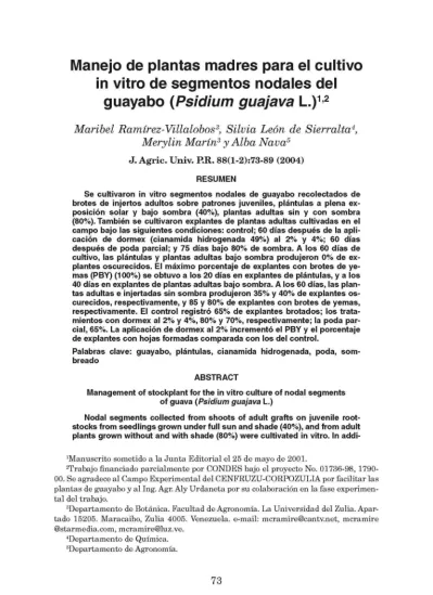 Manejo de plantas madres para el cultivo in vitro de segmentos nodales ...