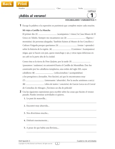 Adiós al verano! 1 Escoge la palabra o la expresión en paréntesis que ...