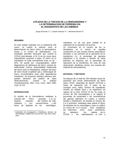 UTILIDAD DE LA TINCION DE LA HEMOSIDERINA Y LA DETERMINACION DE ...