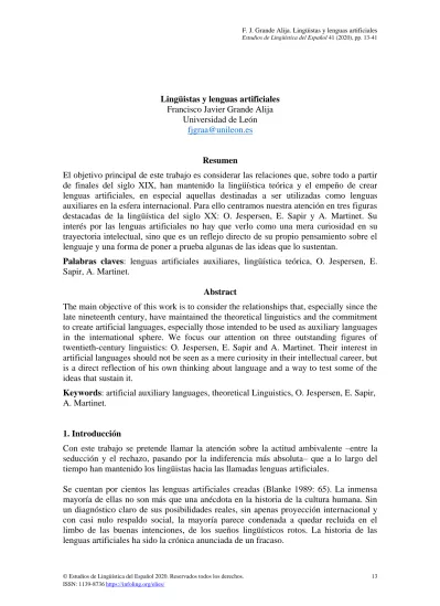 2. GRANDE ALIJA, FRANCISCO JAVIER. Lingüistas y lenguas artificiales