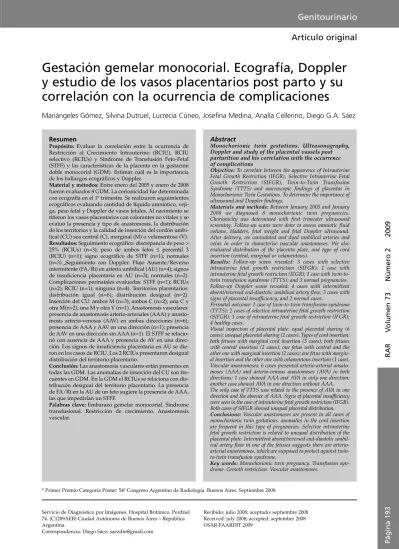 Gestación gemelar monocorial. Ecografía, Doppler y estudio de los vasos ...