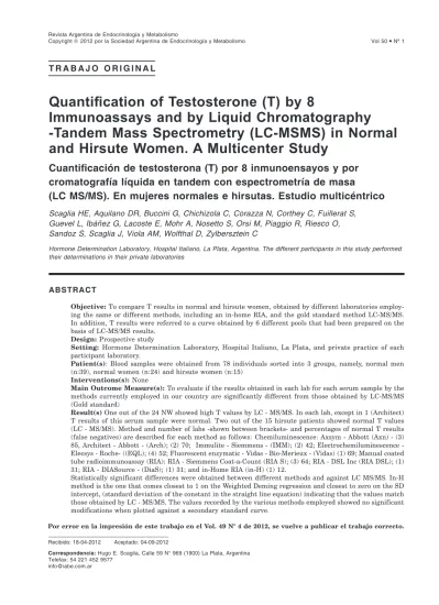 Quantification of Testosterone (T) by 8 Immunoassays and by Liquid ...