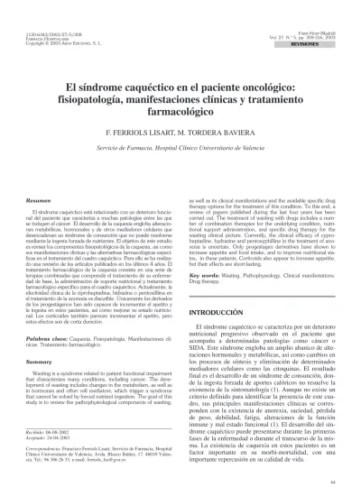 El síndrome caquéctico en el paciente oncológico: fisiopatología ...