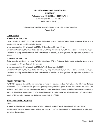 INFORMACIÓN PARA EL PRESCRIPTOR PUREGON Folitropina beta 300 UI/0,36 ml ...