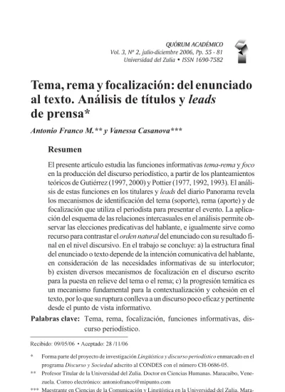 Tema, rema y focalización del enunciado al texto: análisis de títulos y ...