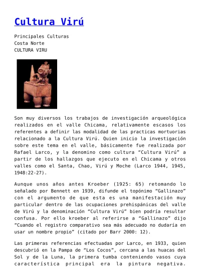 Cultura Virú. Principales Culturas Costa Norte CULTURA VIRU