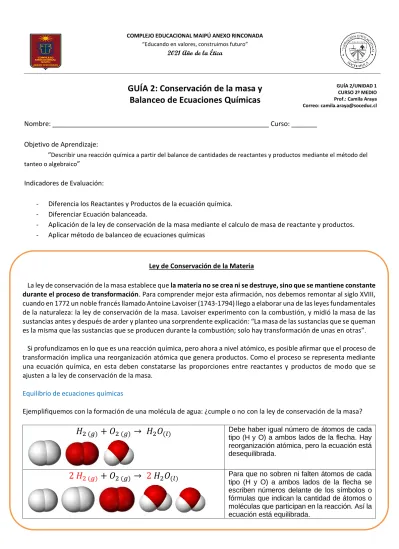 GUÍA 2: Conservación de la masa y Balanceo de Ecuaciones Químicas