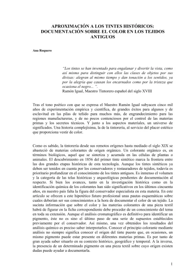 APROXIMACIÓN A LOS TINTES HISTÓRICOS: DOCUMENTACIÓN SOBRE EL COLOR EN ...