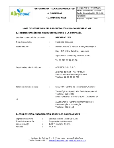 INFORMACION TECNICA DE PRODUCTOS 4. FUNGICIDAS 4.2. BREVIBAC-MSDS HOJA ...