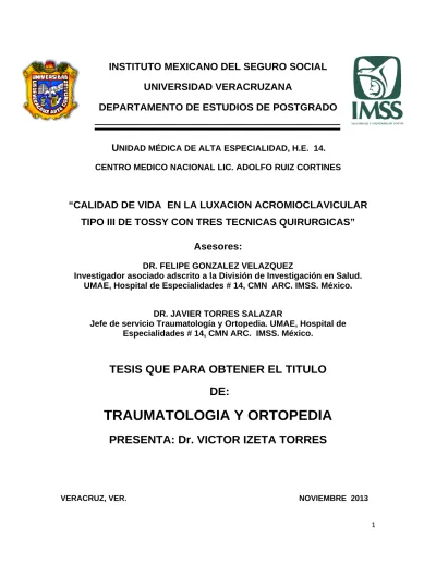 Calidad de vida en la luxación acromioclavicular tipo III de Tossy con ...
