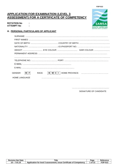 APPLICATION FOR EXAMINATION (LEVEL 3 ASSESSMENT) FOR A CERTIFICATE OF ...