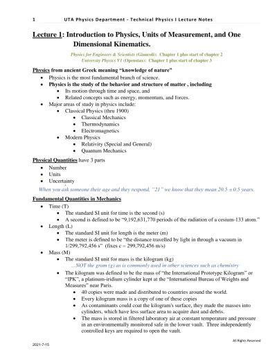Lecture 1: Introduction to Physics, Units of Measurement, and One ...