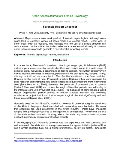 Open Access Journal of Forensic Psychology. Forensic Report Checklist
